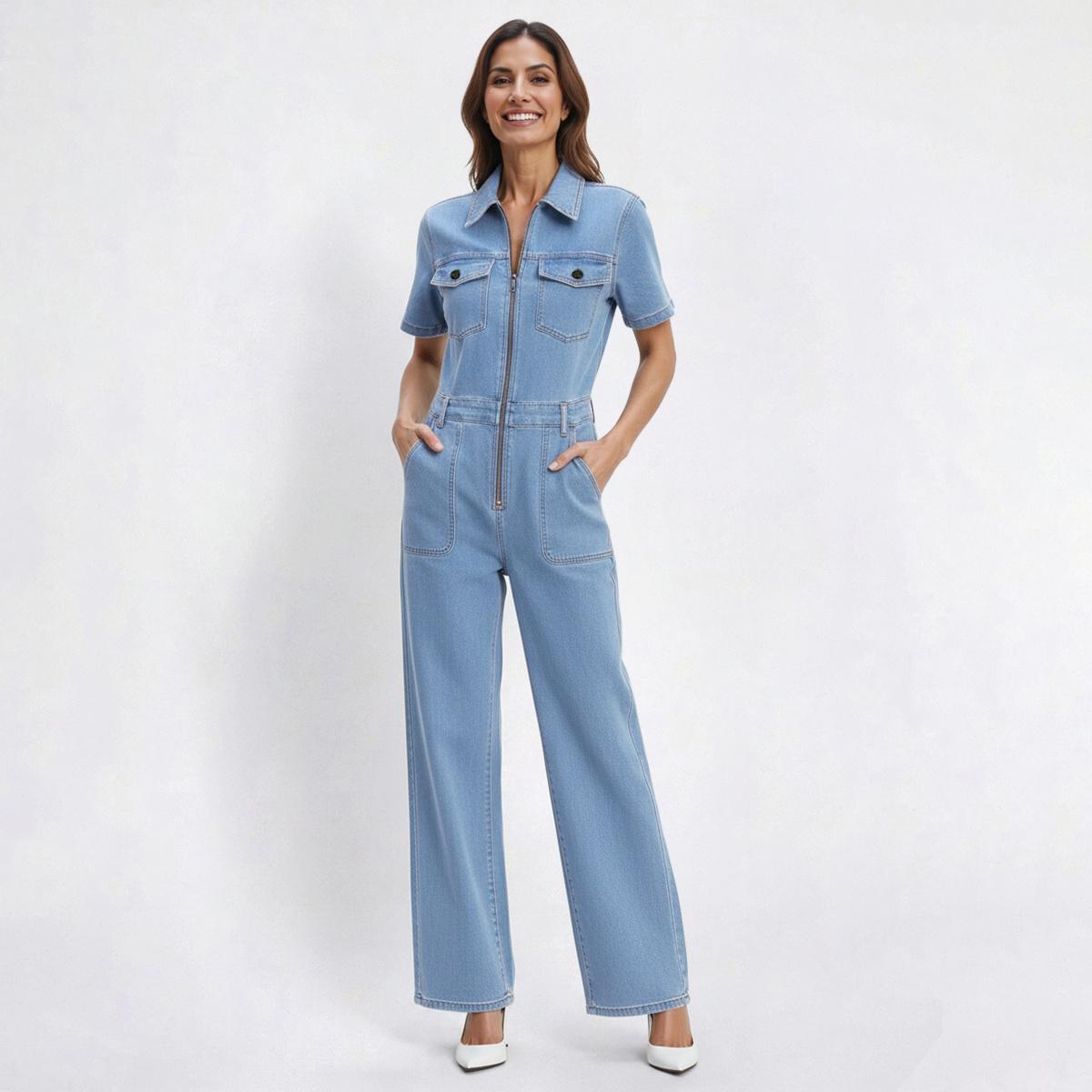 Click here for Womens Bebe Short Sleeve Zip Denim Jumpsuit prices